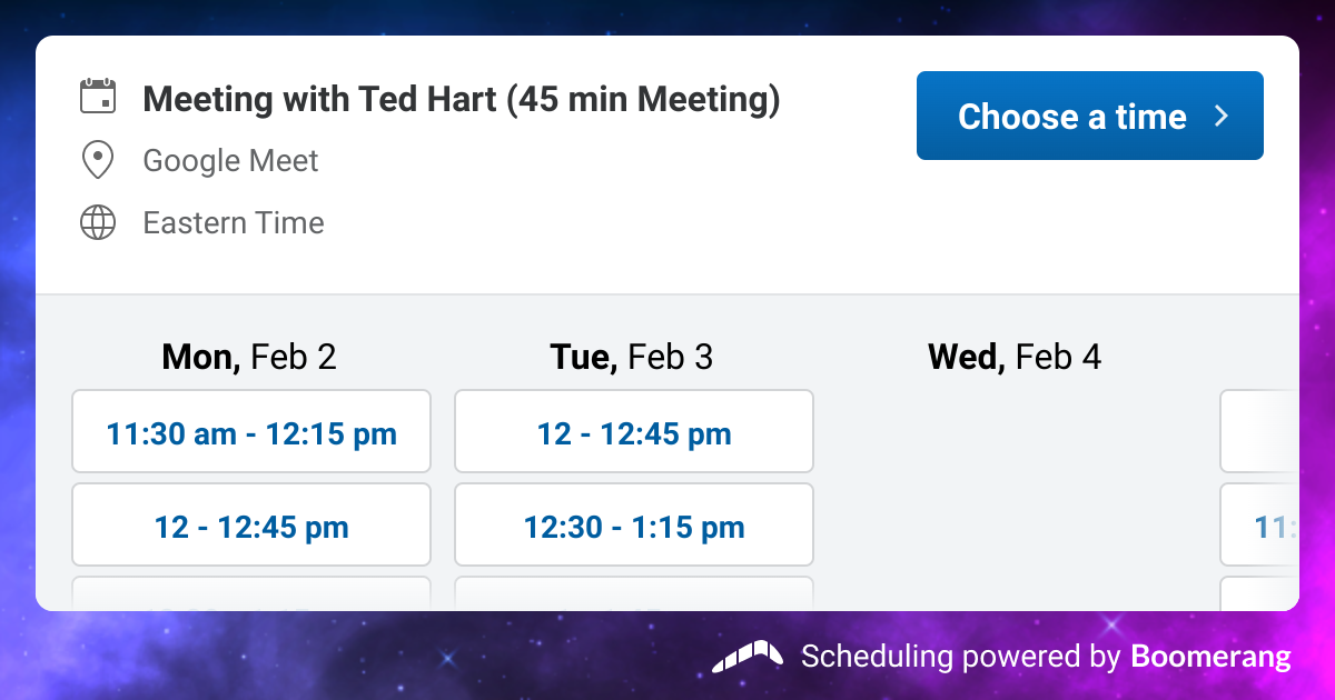 Meet with TED HART, ACFRE, CDE®, CAP® | Boomerang